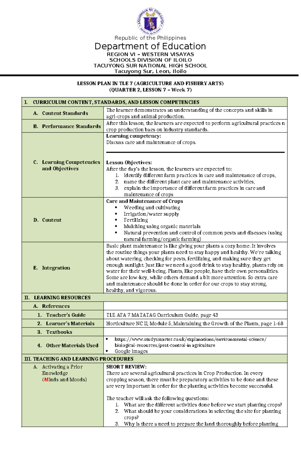 Lesson PLAN - Republic of the Philippines Department of Education ...