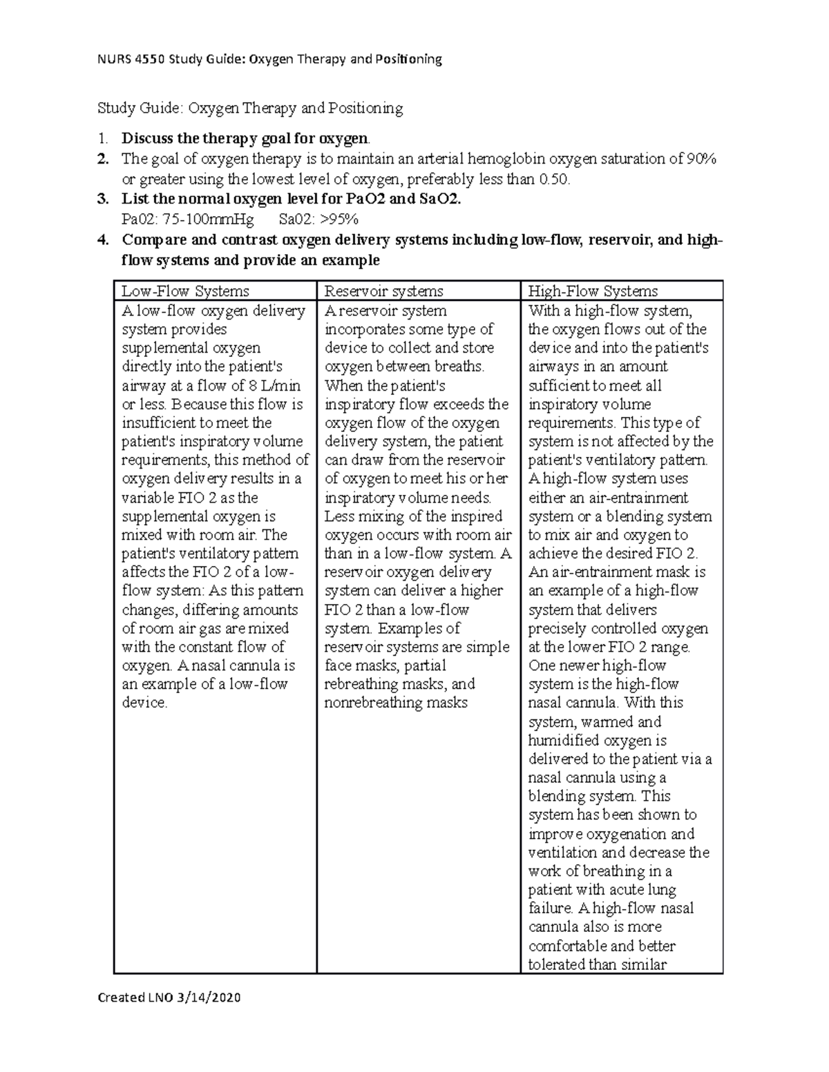 Study Guide Oxygen Therapy and Positioning - Study Guide: Oxygen ...