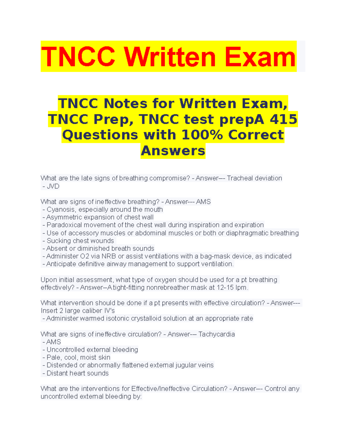 TNCC Written Exam - Exams with their 100% correct answers - TNCC ...