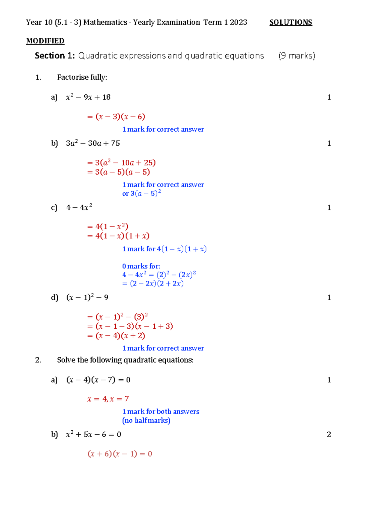 Year 10 (5.1 3) Mathematics Term 1 2023 Exam Solutions - Studocu