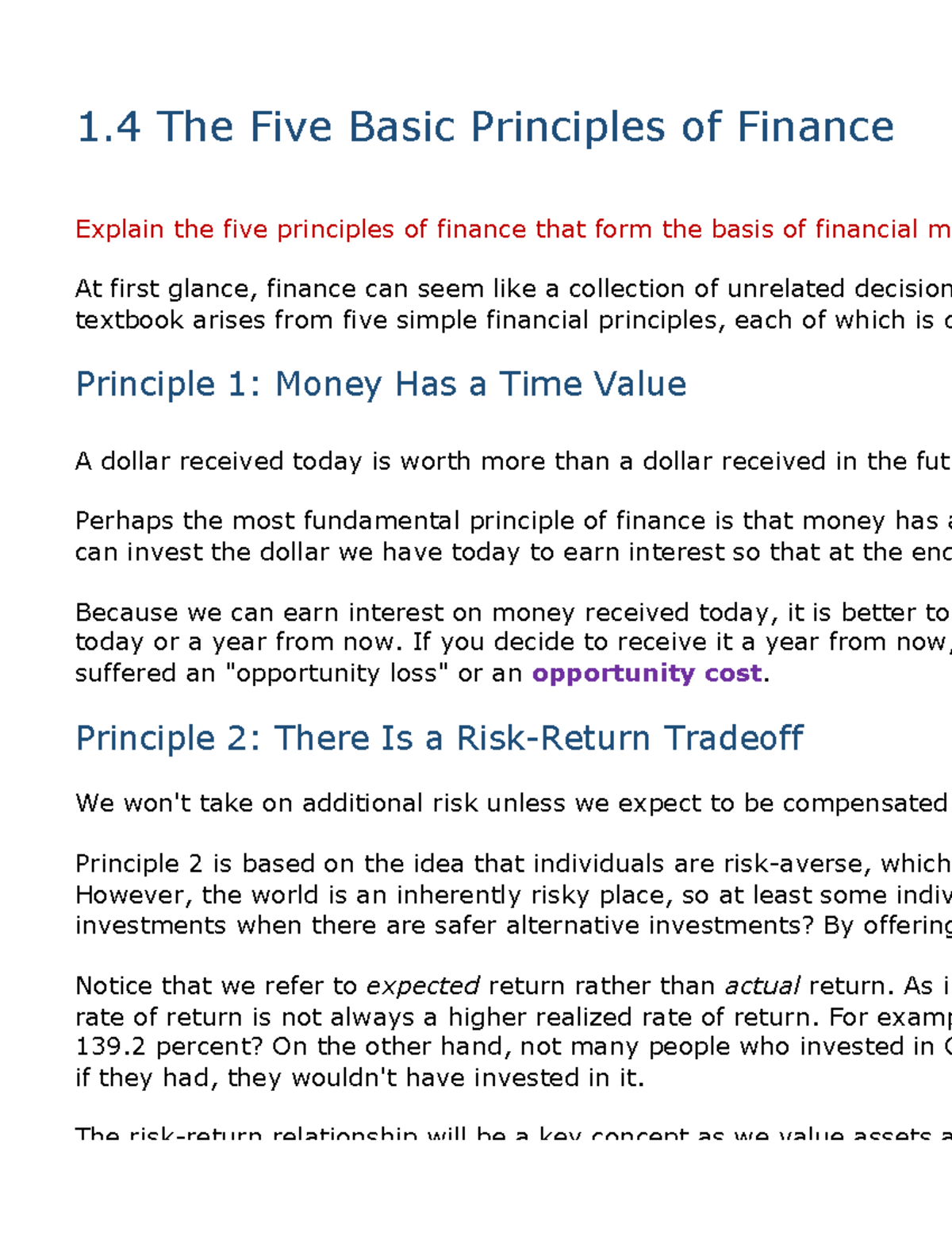 1.4 The Five Basic Principles of Finance - Explain the five principles ...