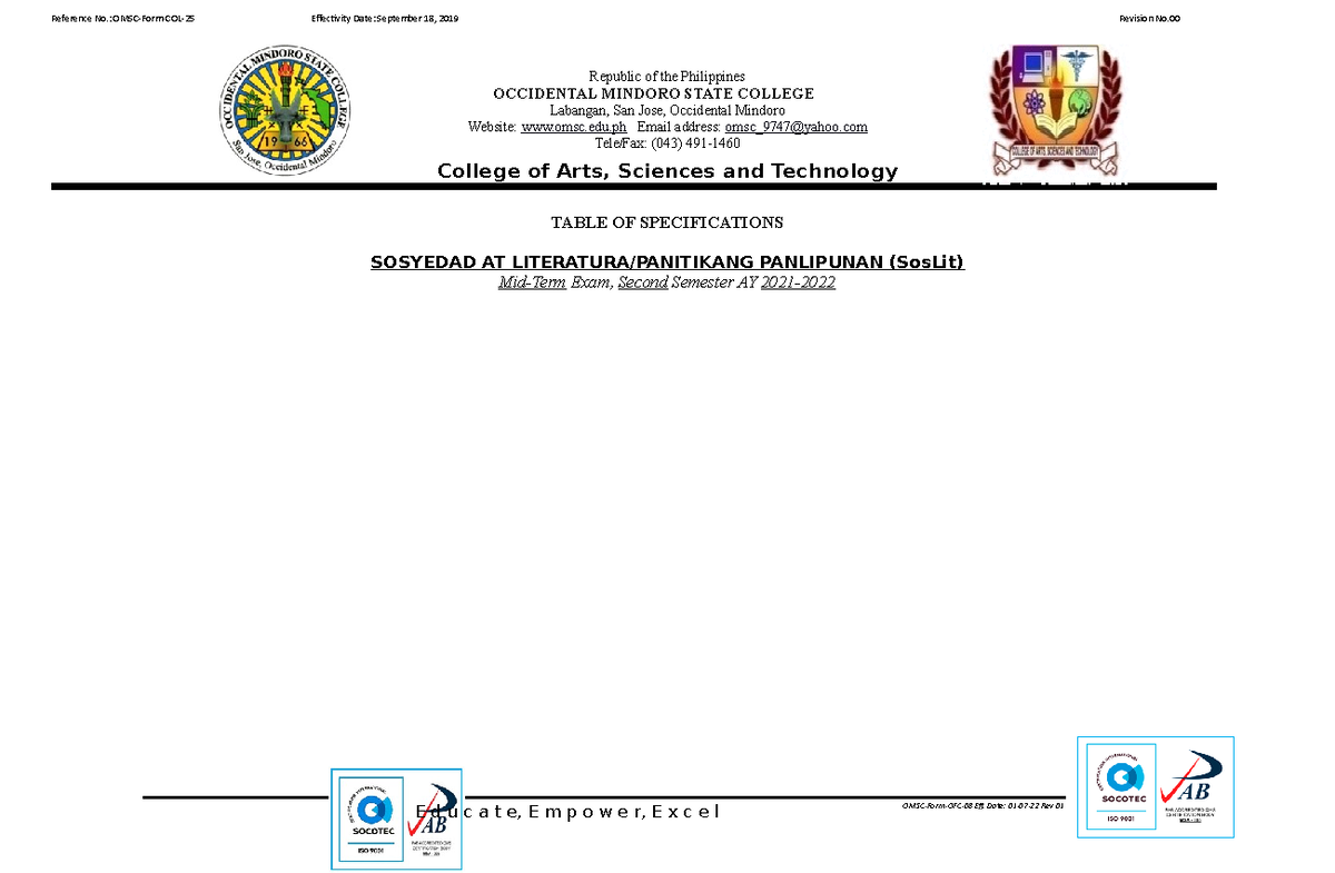 Filipino 2 TOS Midterm 2nd semester - OMSC-Form-OFC-08 Eff. Date: 01-07 ...