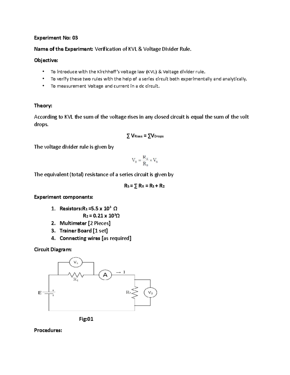 Verification of KVL & Voltage Divider Rule - Experiment 03 - Studocu