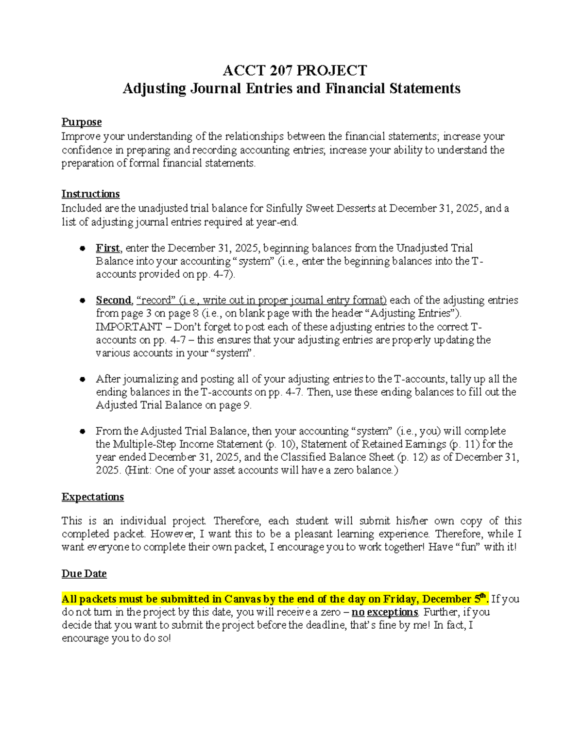 ACCT 207 Project: Adjusting Journal Entries & Financial Statements ...