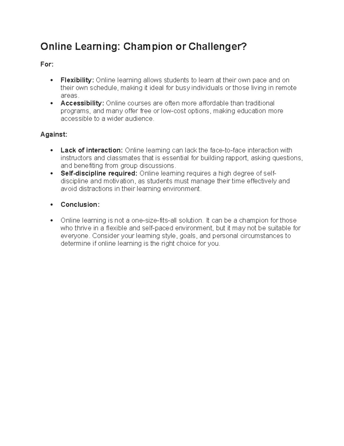 Course Code: CS101 - Essay Notes on Online Learning: Pros and Cons ...