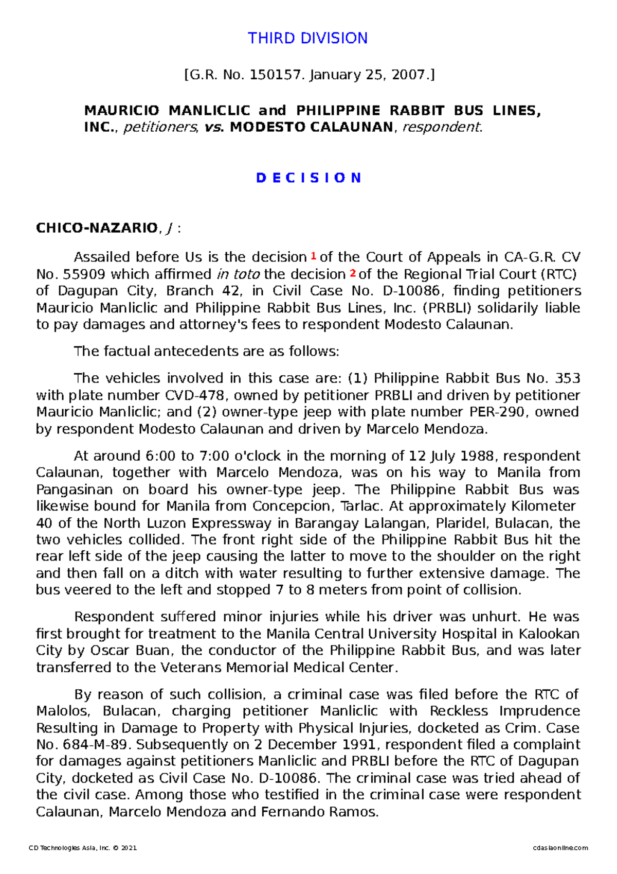 Manliclic v. Calaunan - Case Digest Analysis and Decision (G.R. No ...