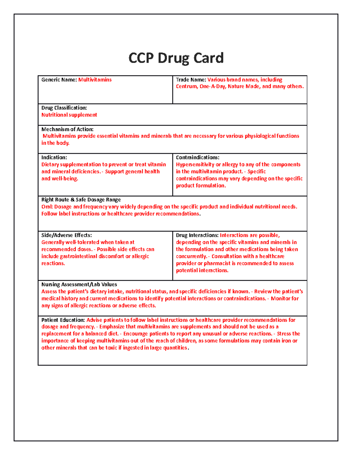 CCP Multivitamin Drug Card: Essential Info for Patient Care - Studocu