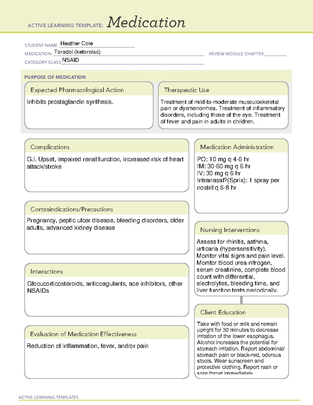 Toradol (Ketorolac) Drug Card - Active Learning Template - Studocu