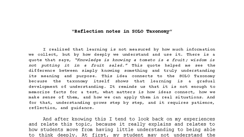 Reflection Notes on SOLO Taxonomy: Understanding Learning Depth - Studocu