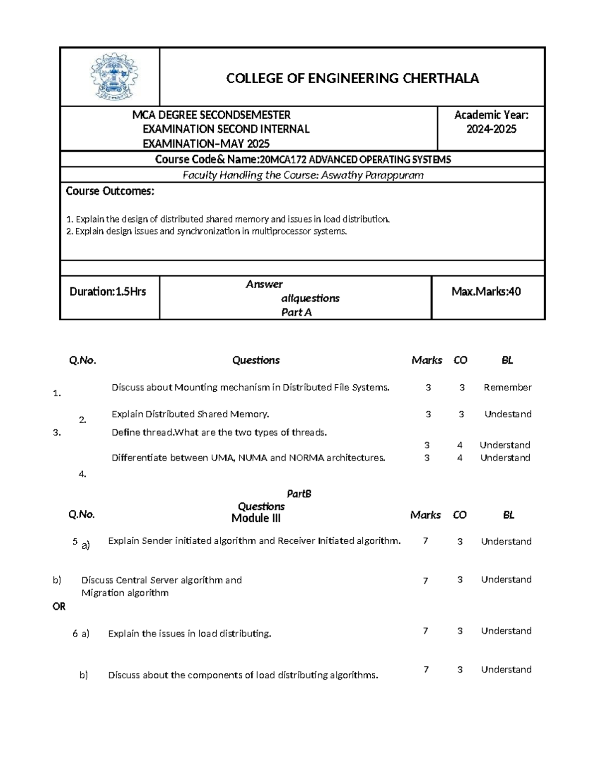 20MCA172 Advanced Operating Systems Second Internal Exam 2025 - Studocu
