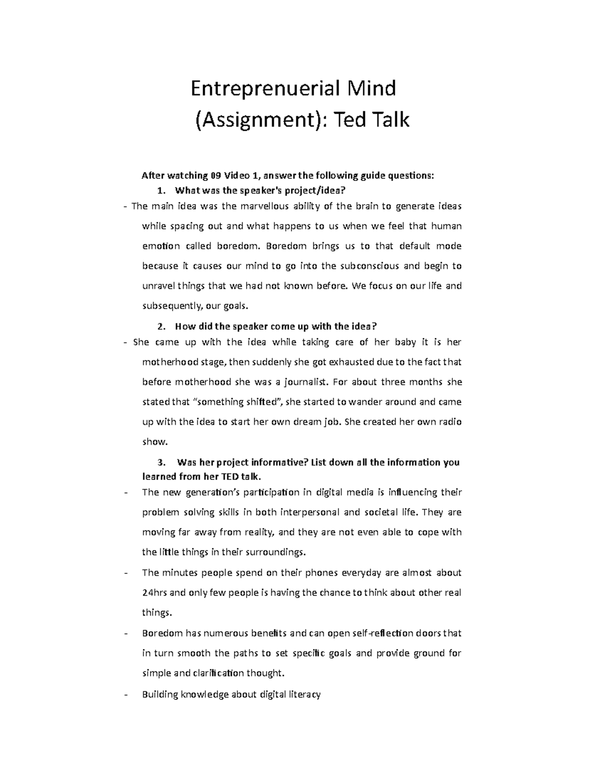 Entrepreneurial Insights from TED Talk: A Study Guide on Mindset - Studocu