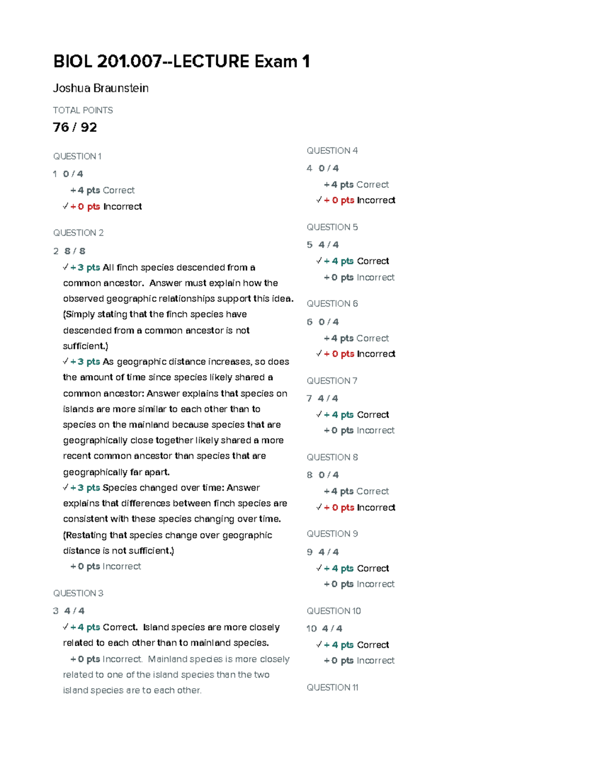 Exam 1 - exam 1 blank version and attached answer key - BIOL 201 ...
