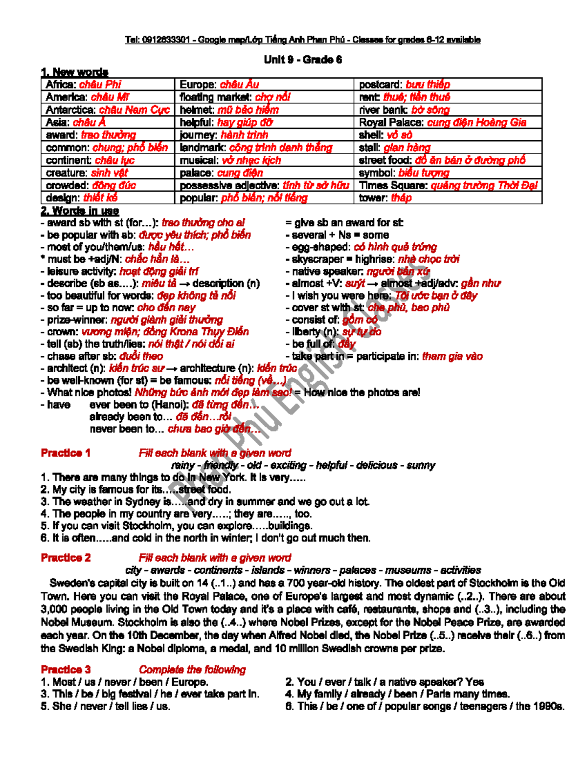 G6 Unit 9 Vocabulary and Practice Exercises for English Class - Studocu