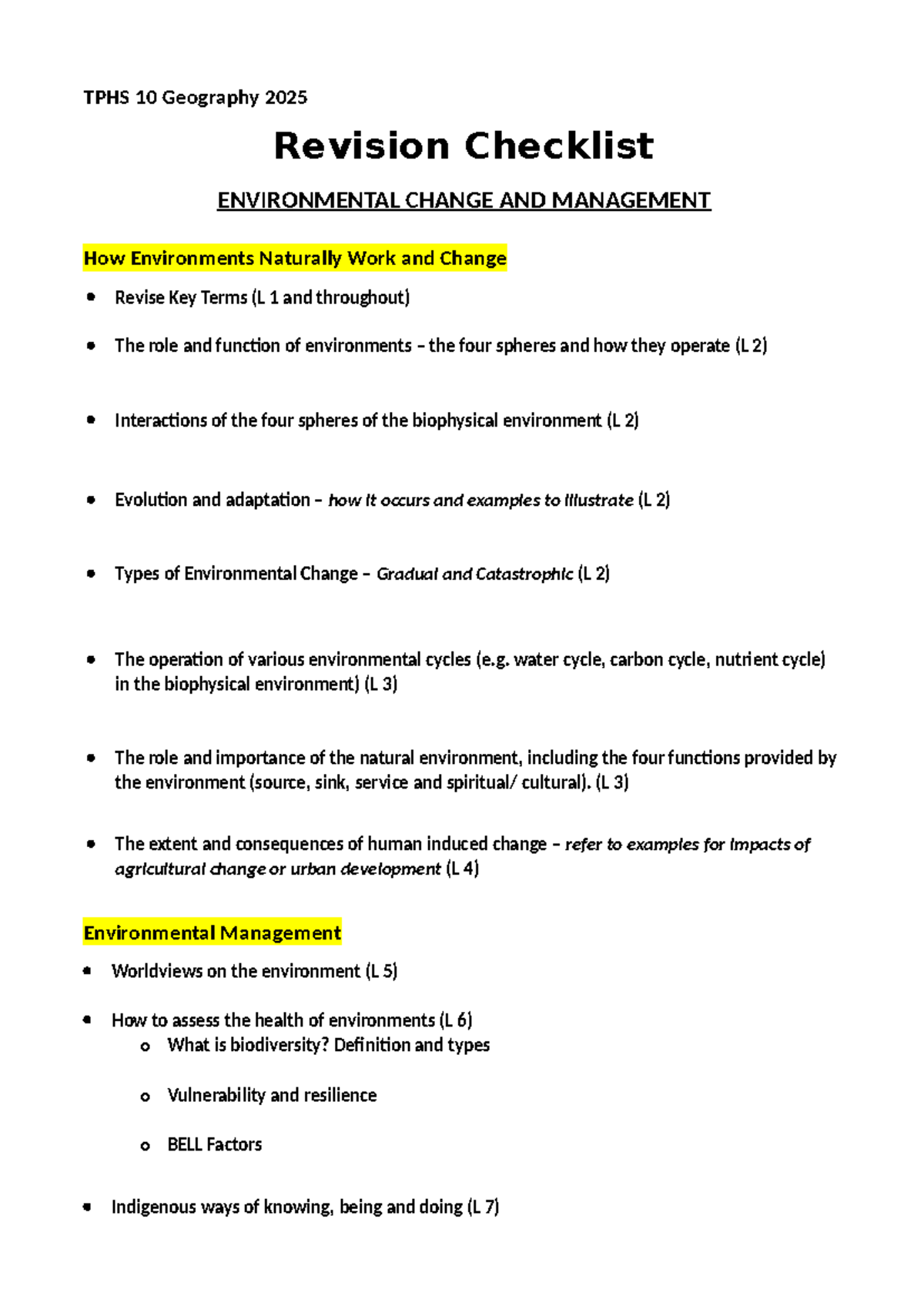 TPHS 10 Geography 2025 Revision Checklist: Environmental Change - Studocu