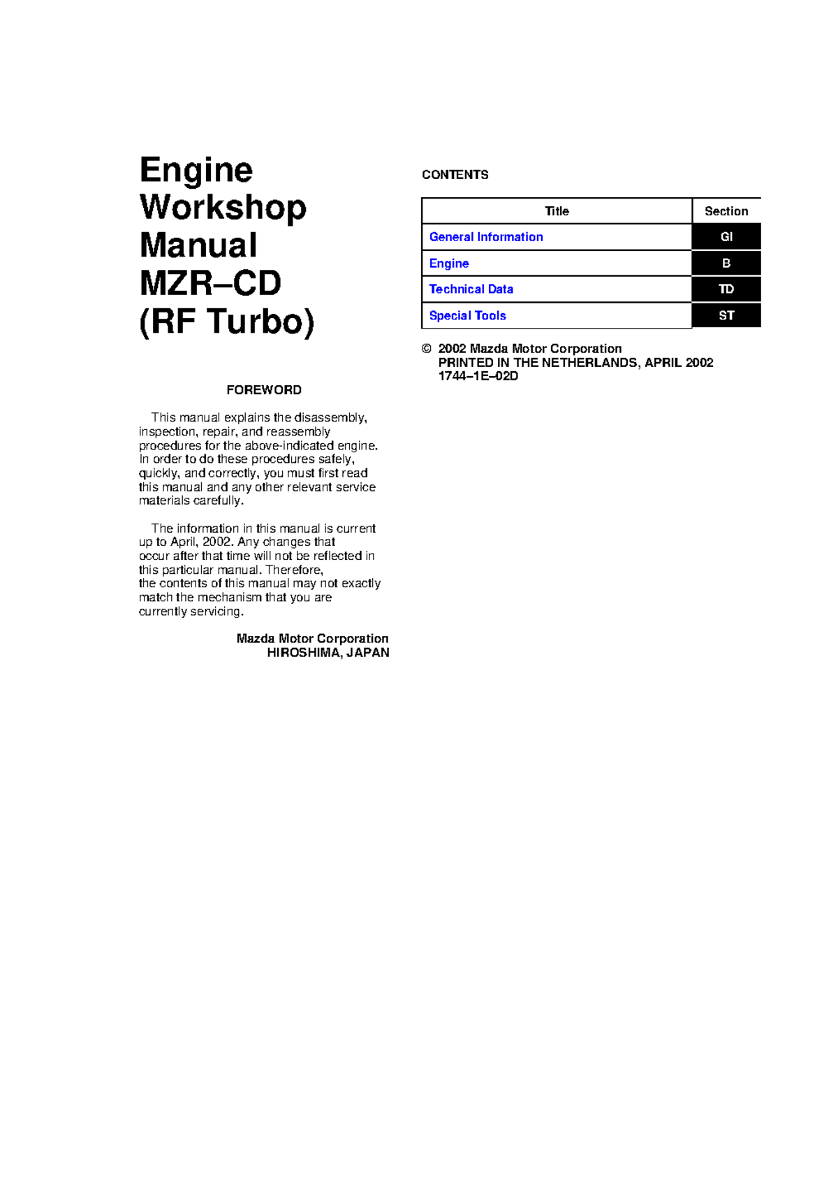 Mazda Engine MZR–CD Workshop Manual: Disassembly & Repair Guide - Studocu