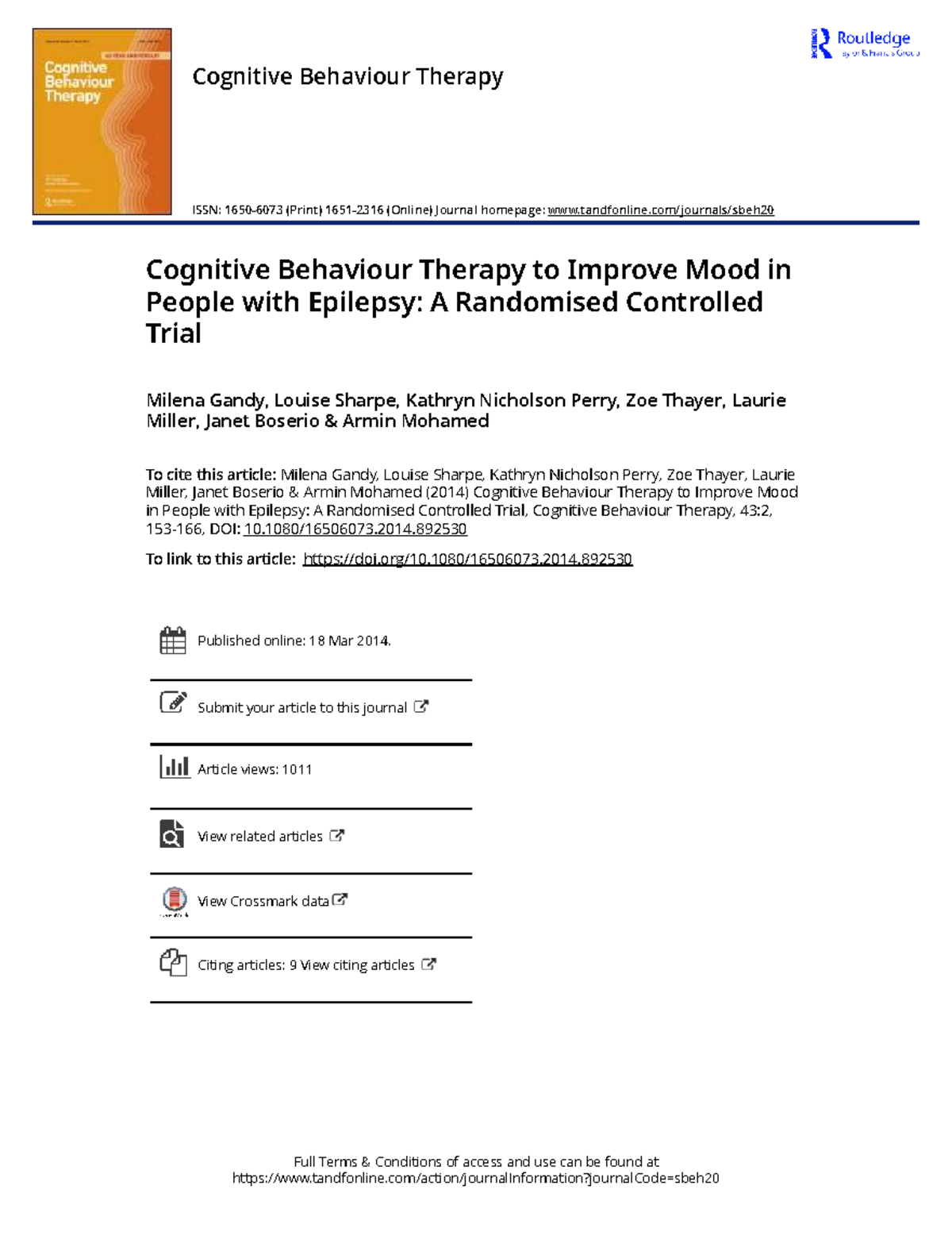 Cognitive Behaviour Therapy for Mood Improvement in Epilepsy: A RCT ...