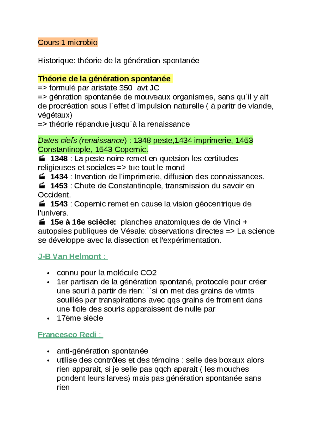 Cours 1 Microbio: Historique de la Génération Spontanée et Découvertes ...