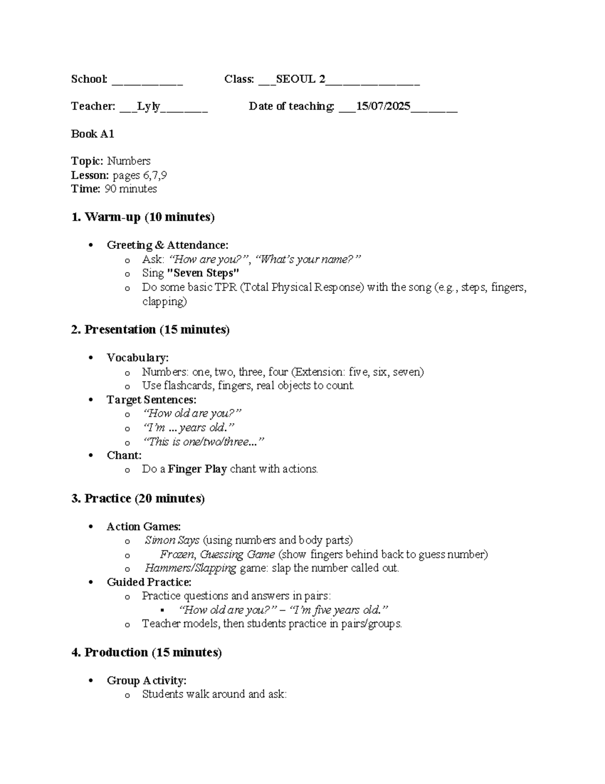 1507 A1 Lesson Plan: Teaching Numbers with TPR Activities - Studocu