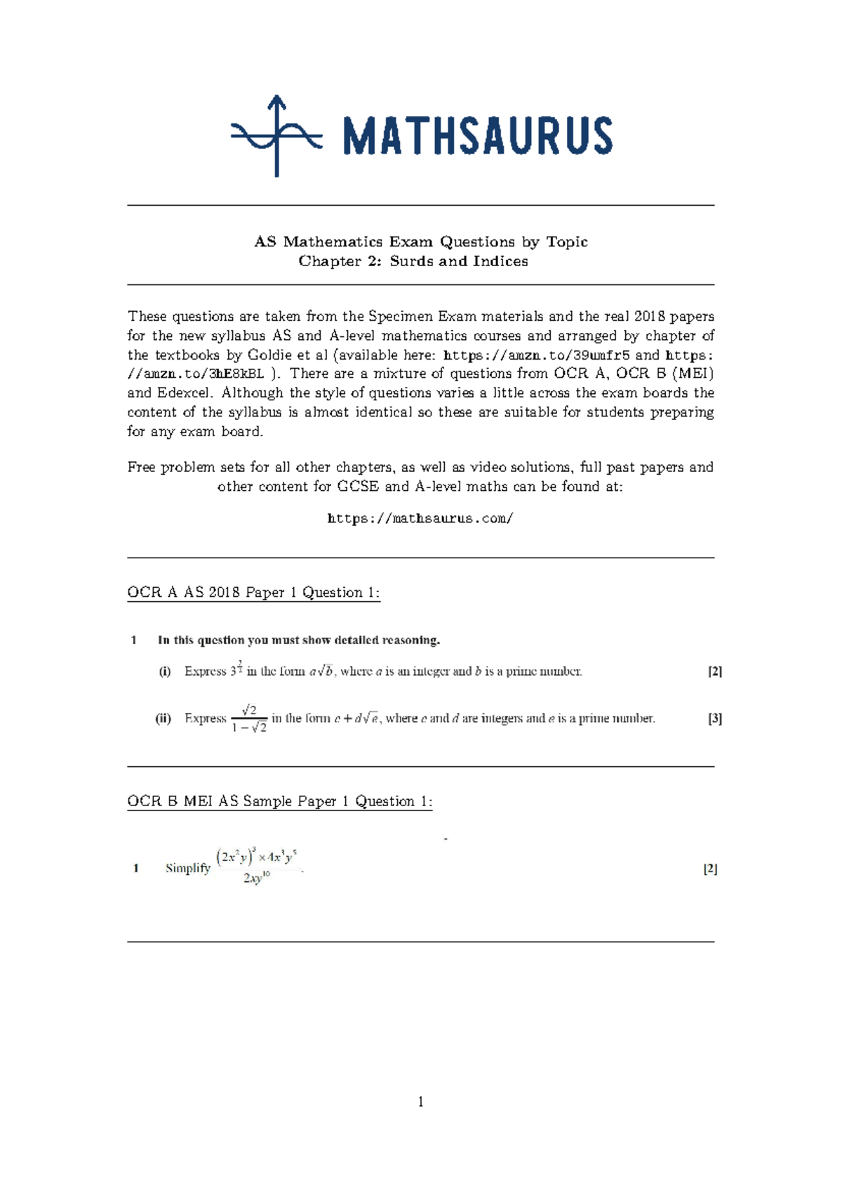 AS Mathematics Exam Questions: Chapter 2 - Surds & Indices - Studocu
