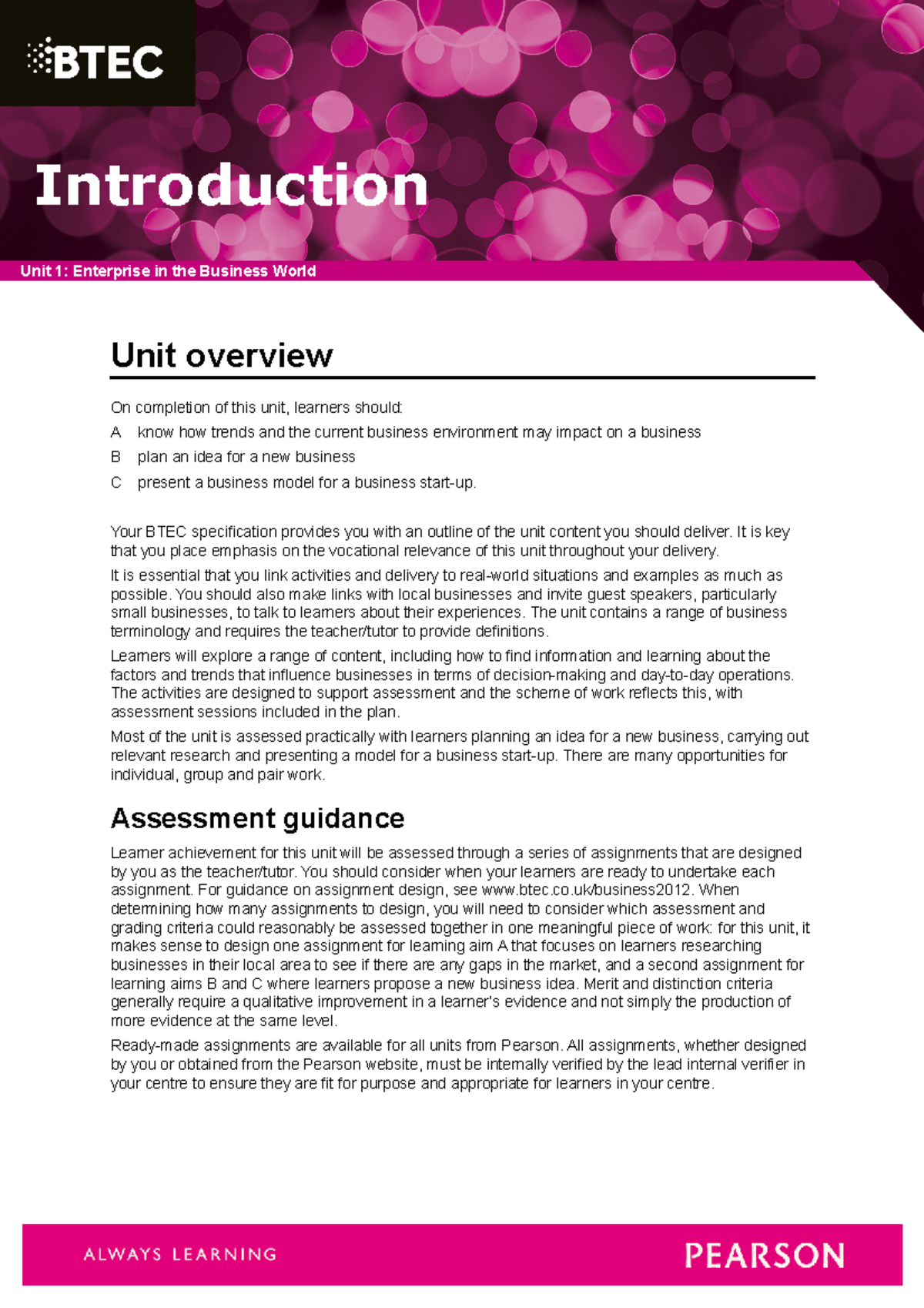 BTEC12 First Business Unit 1: Intro to Enterprise Teaching Pack - Studocu