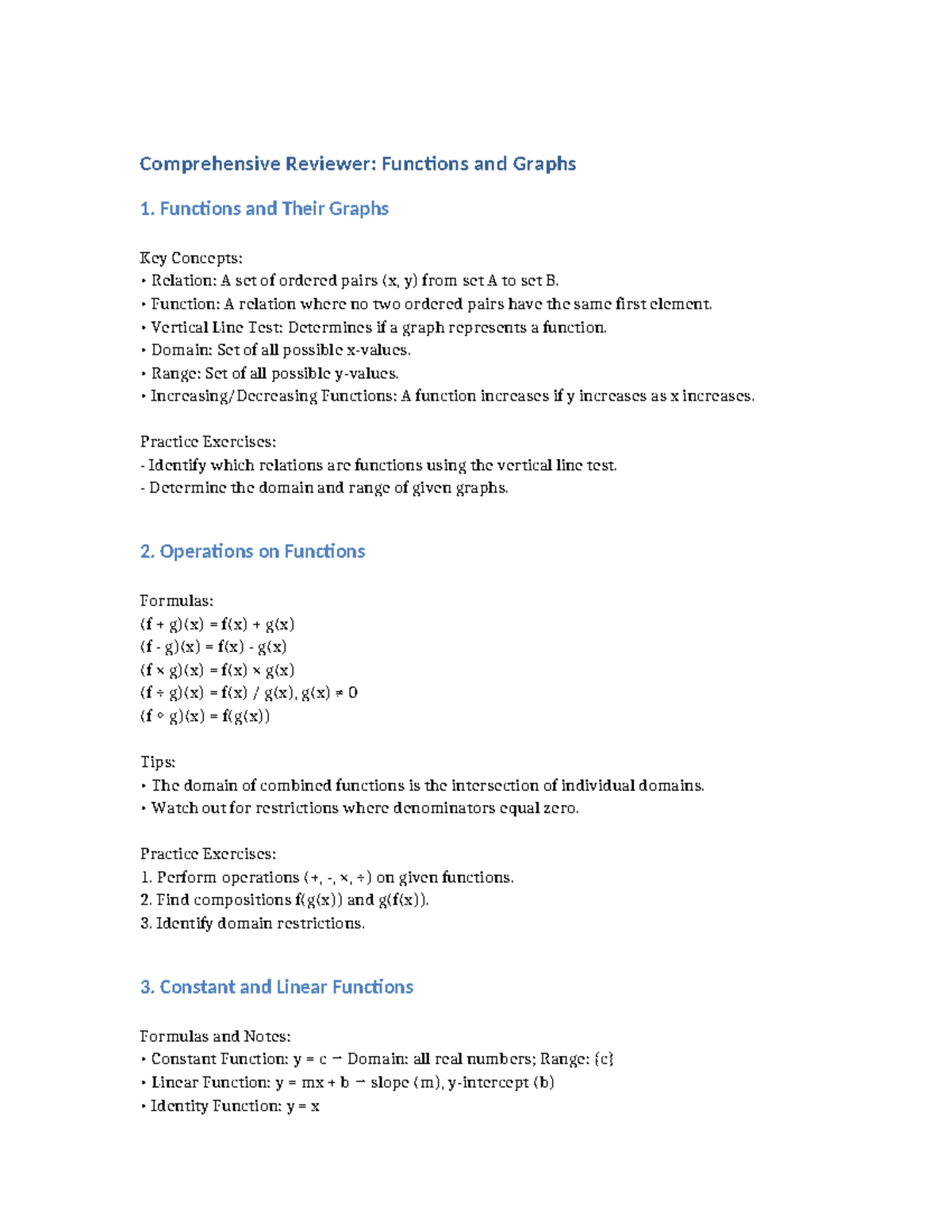 Functions and Graphs Review: Key Concepts and Practice Exercises - Studocu