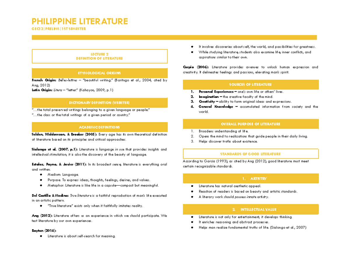 PHILIPPINE LITERATURE SEMESTER LECTURE 2: DEFINITION AND SOURCES - Studocu