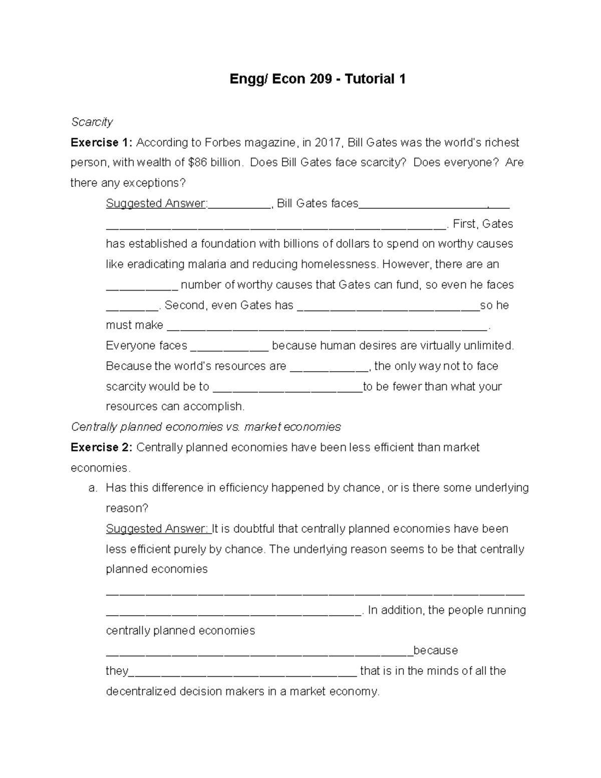 Econ 209 Tutorial 1: Scarcity and Opportunity Cost Exercises - Studocu