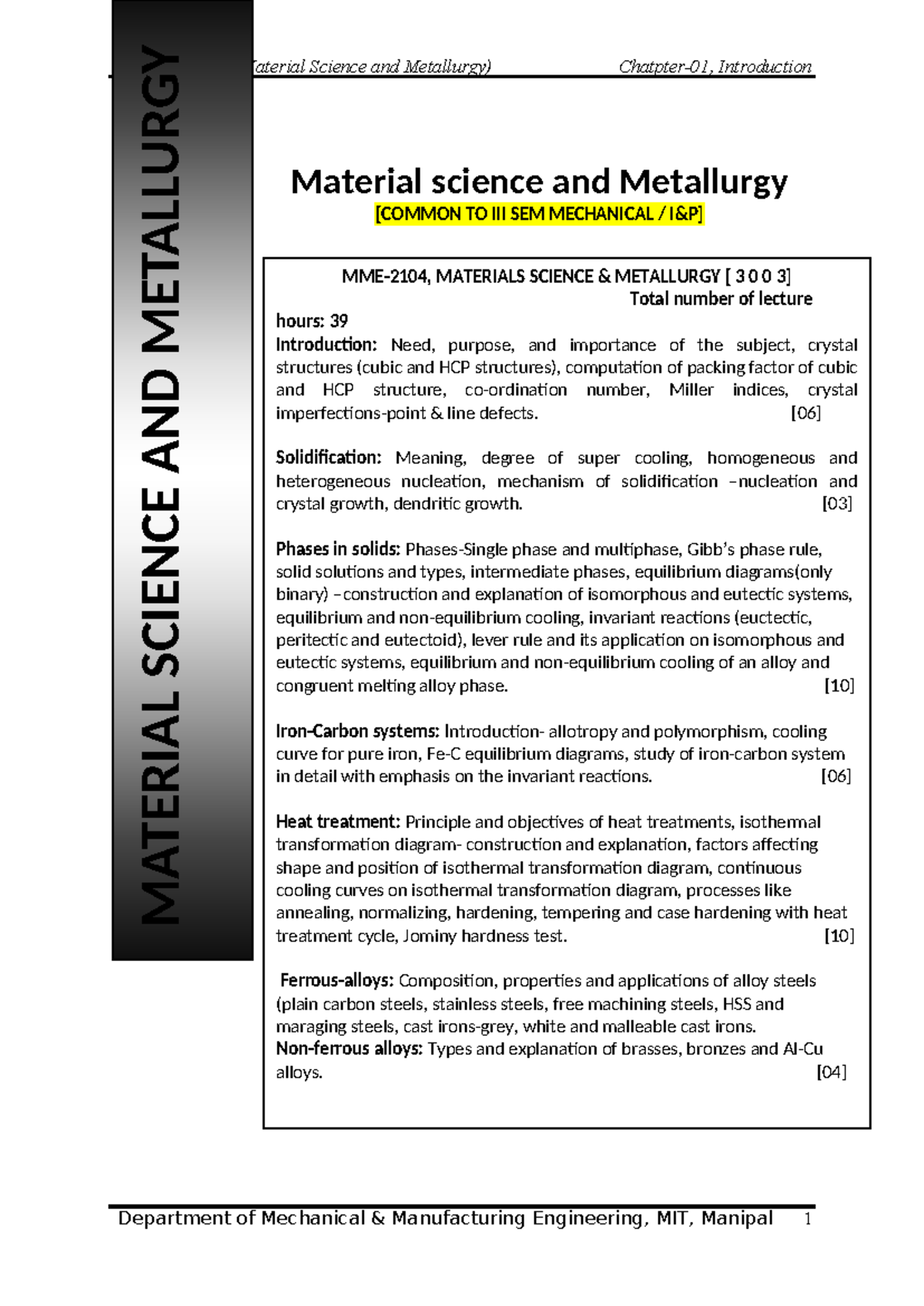 MATERIAL SCIENCE AND METALLURGY (MSM-1) Lecture Notes on Crystal ...