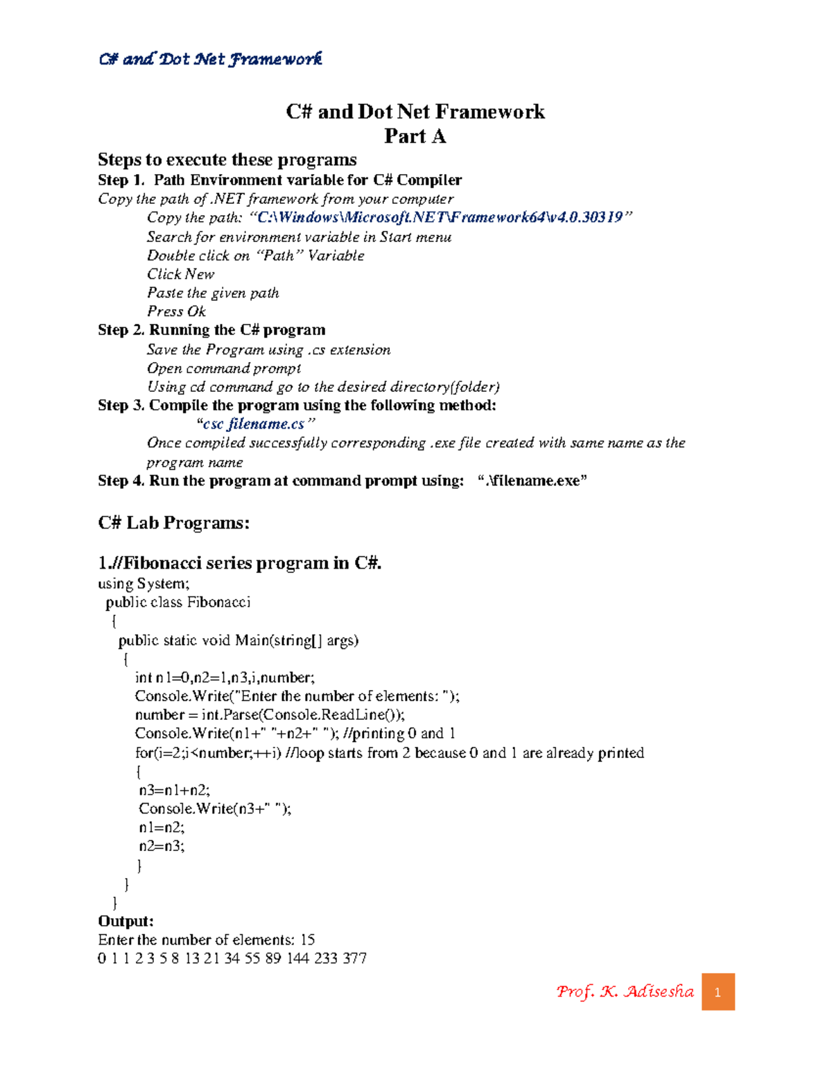 C# Lab Programs - C# and DOT Net Programming for NEP - C# and Dot Net Framework Part A Steps to ...