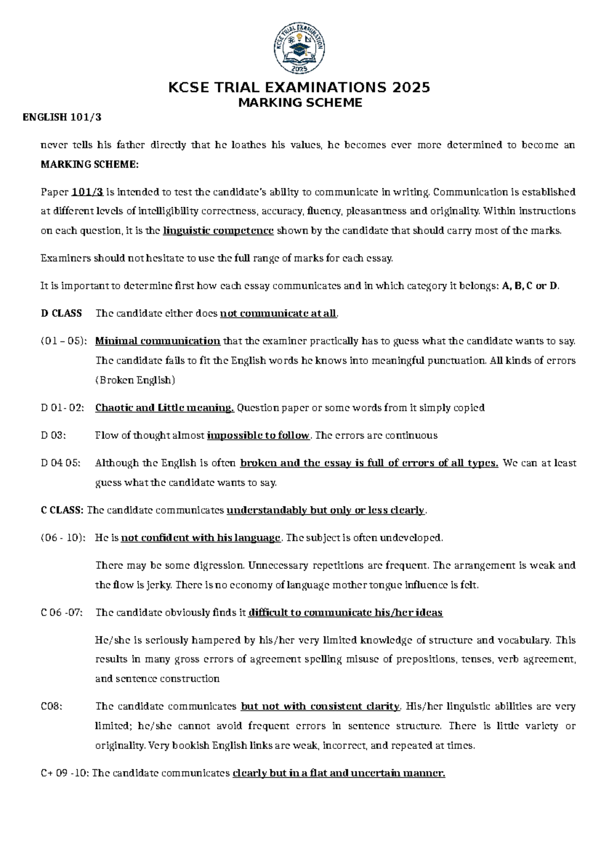 KCSE 2025 English Trial Exam Marking Scheme Analysis - Studocu