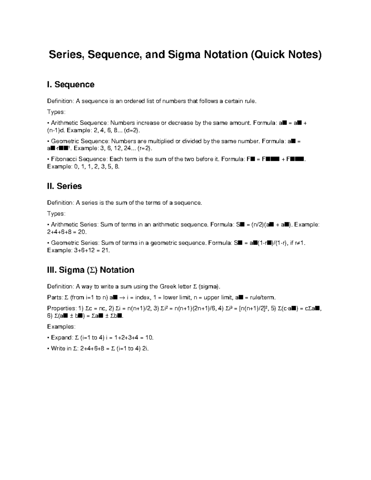 MATH101: Quick Notes on Series, Sequences, and Sigma Notation - Studocu