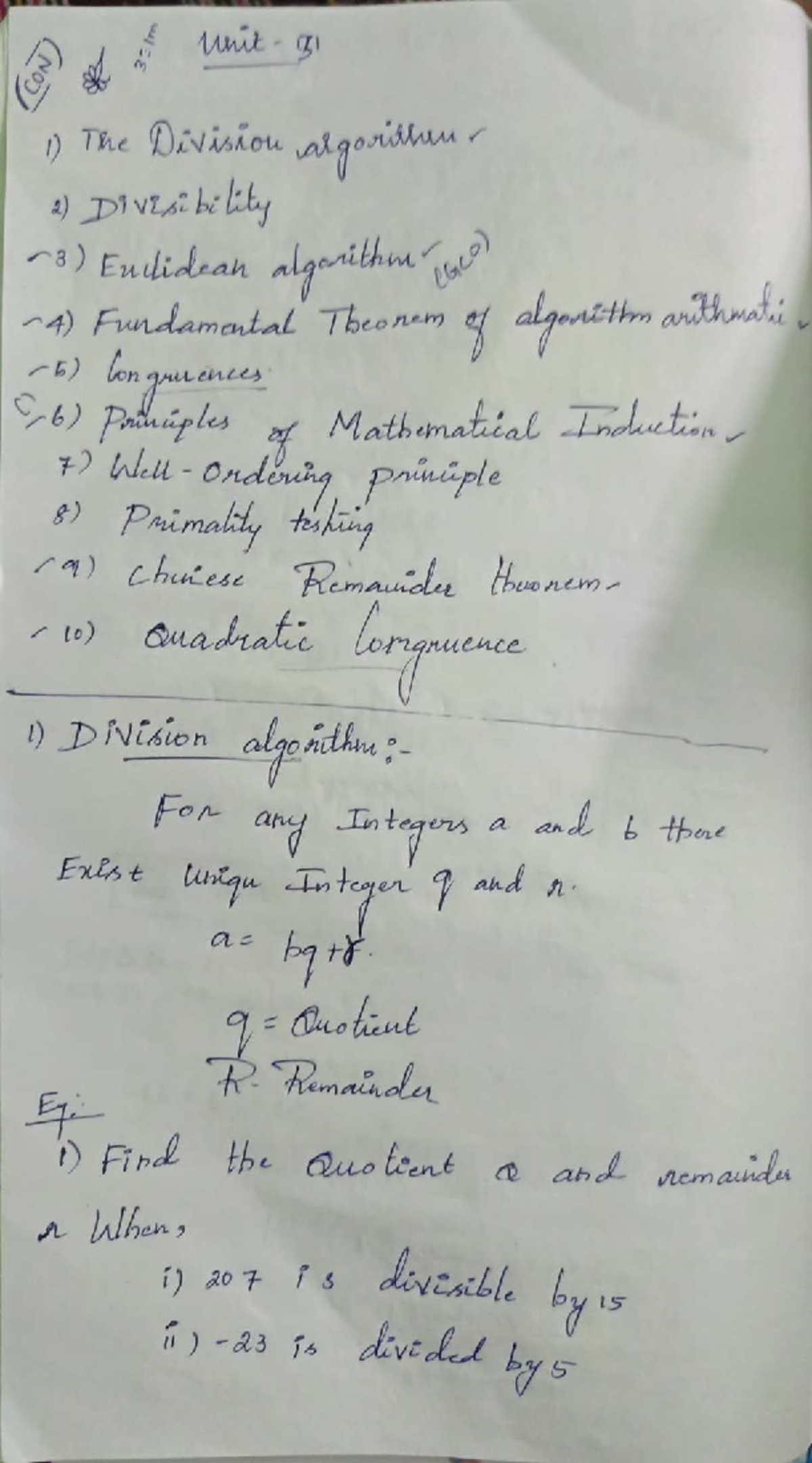 Unit 3 Maths Notes: Division Algorithm, GCD, and Induction Concepts ...