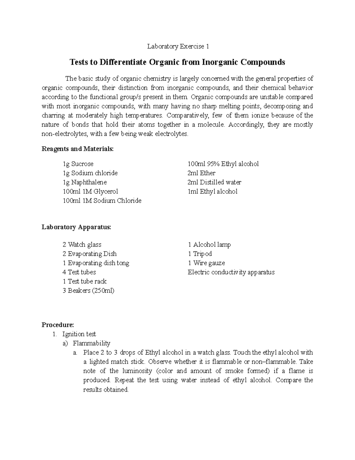 Laboratory Exercise 1: Distinguishing Organic vs. Inorganic Compounds ...