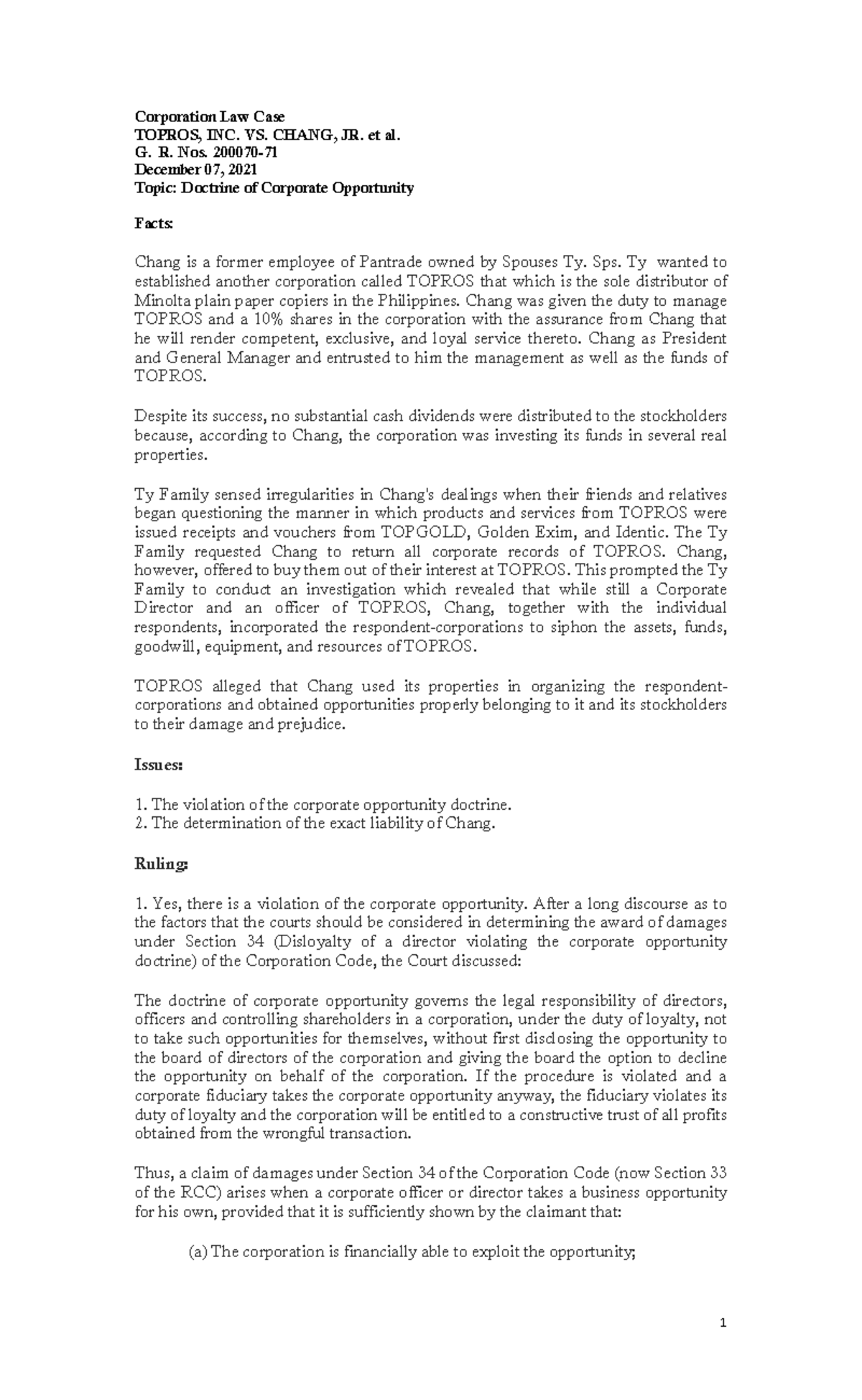 Corporation Law Case Digest: TOPROS, INC. VS. CHANG, JR. G.R. No. Dec ...