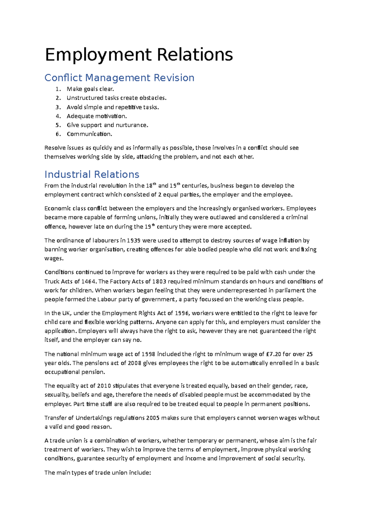 Employment Relations Lecture Notes - Employment Relations Conflict ...