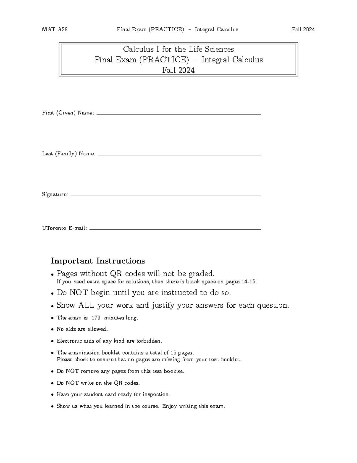 MAT A29 Fall 2024 Integral Calculus Practice Final Exam Guide - Studocu