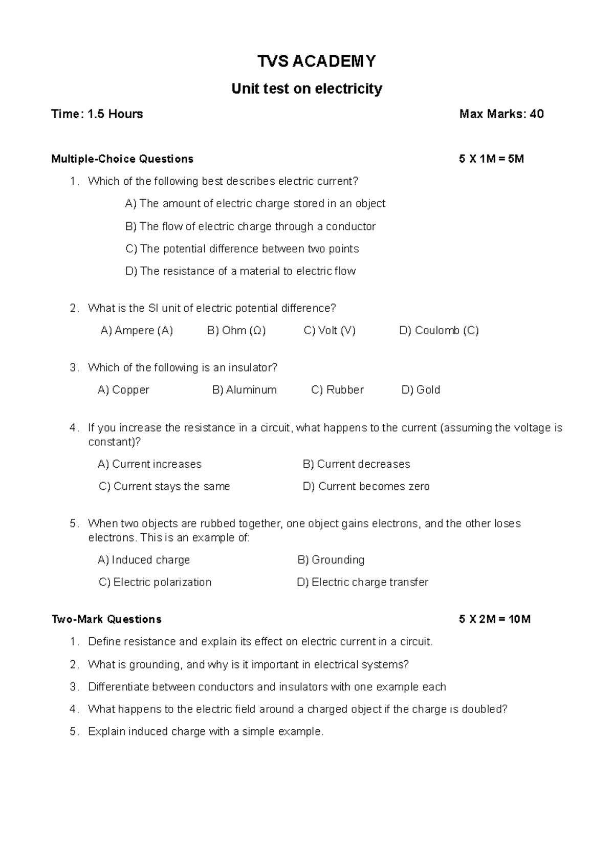 Electricity UT - Gives 1, 2, 3 marks questions - TVS ACADEMY Unit test ...