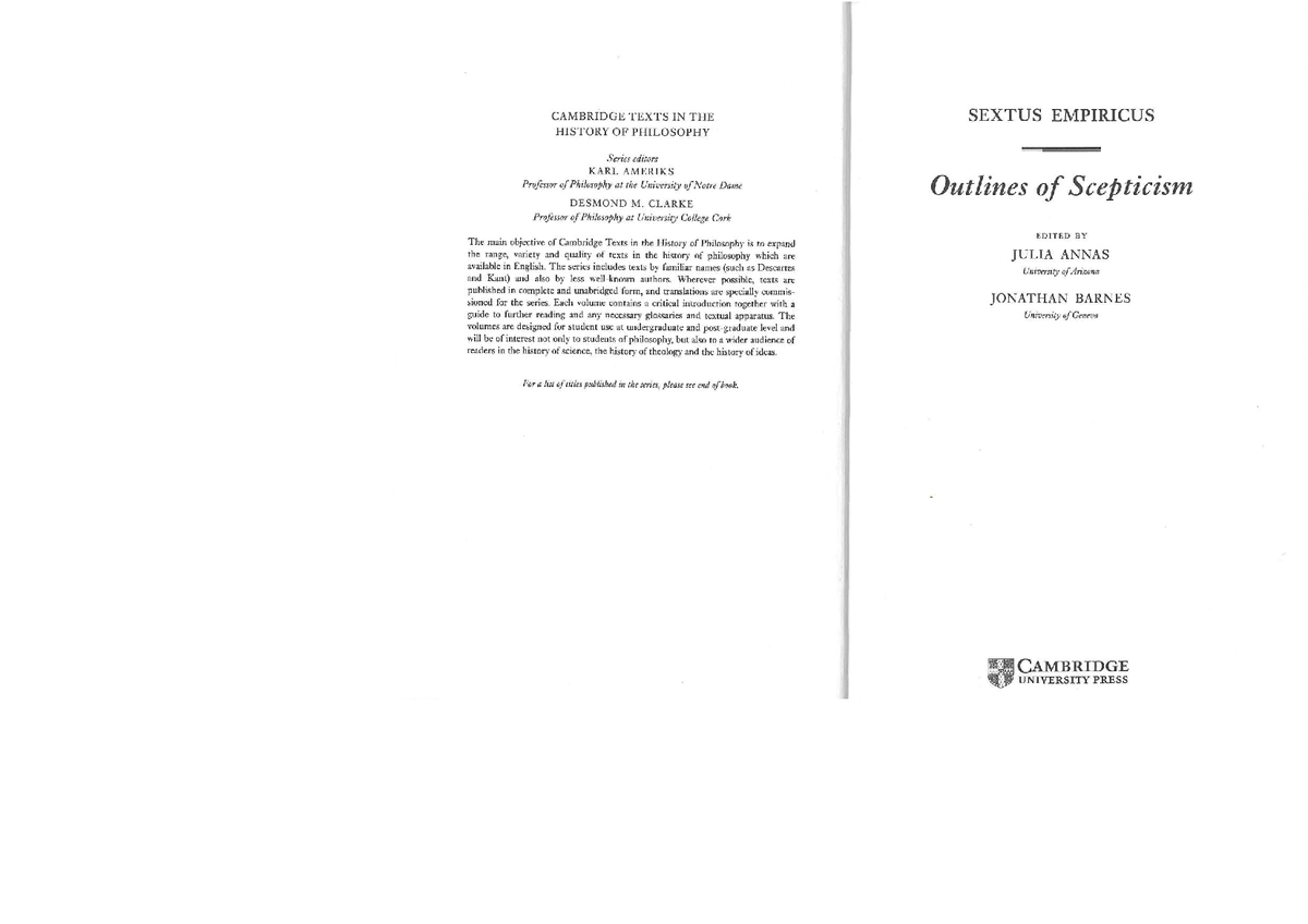 Outlines of Scepticism: Book I - Sextus Empiricus (Cambridge Texts ...
