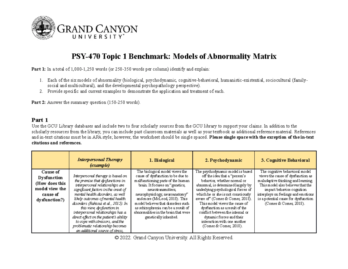 PSY 470 RS T1 Modelsof Abnormality Matrix Assignment - PSY-470 Topic 1 ...
