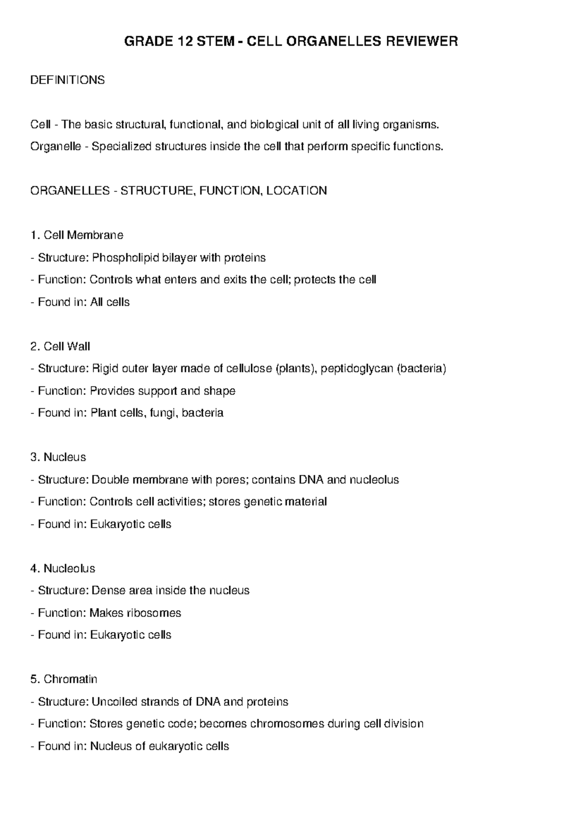 GRADE 12 CELL ORGANELLES REVIEWER: STRUCTURES & FUNCTIONS - Studocu