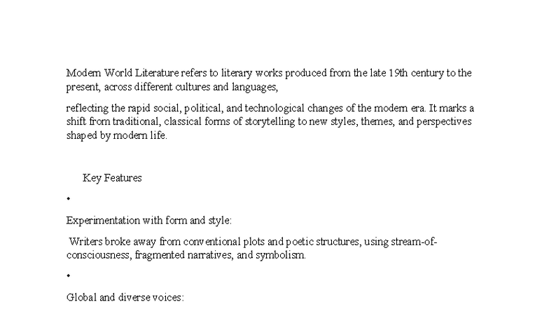 Modern World Literature refers to literary works produced from the late ...