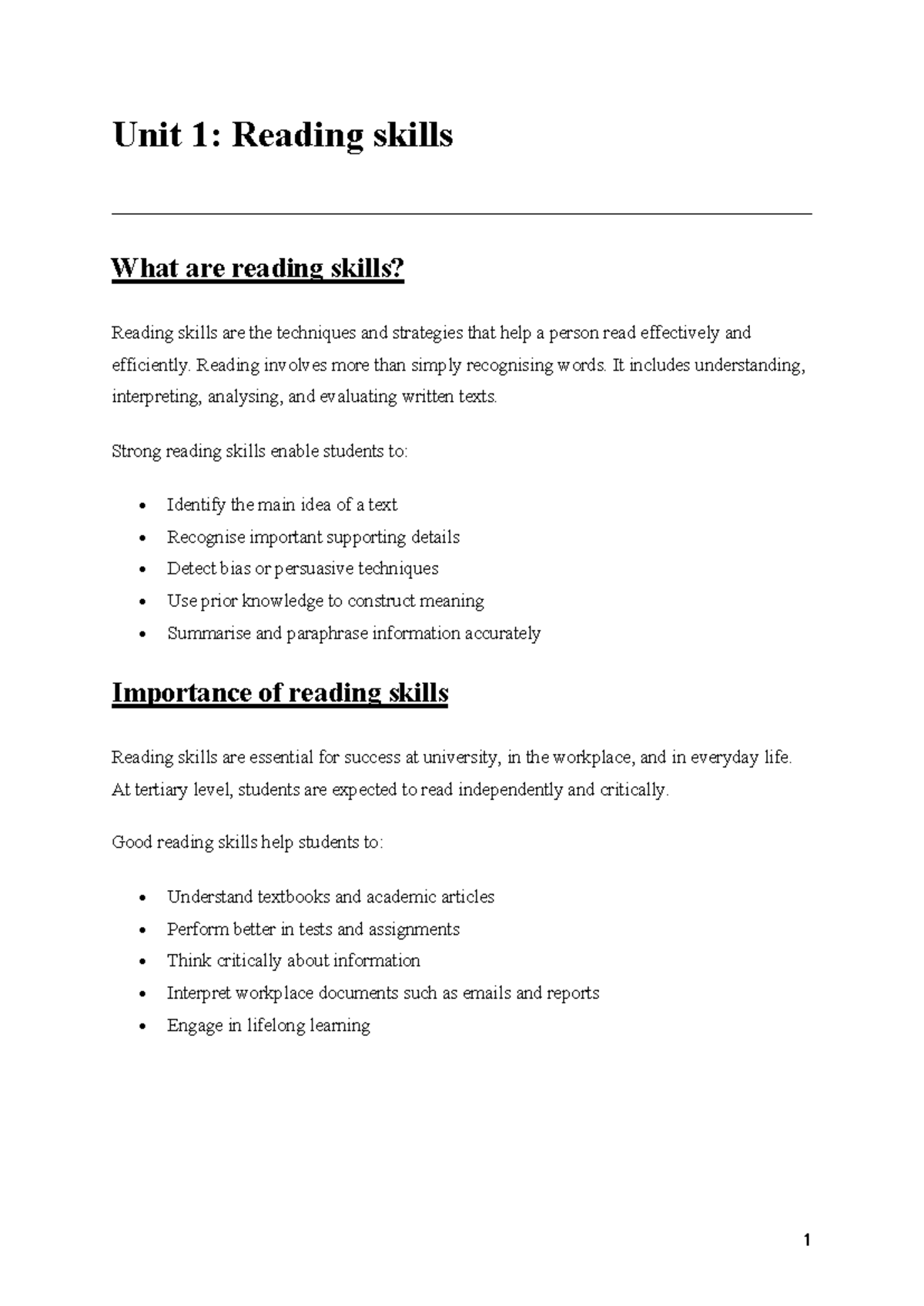 Unit 1: Reading Skills Overview - Studocu