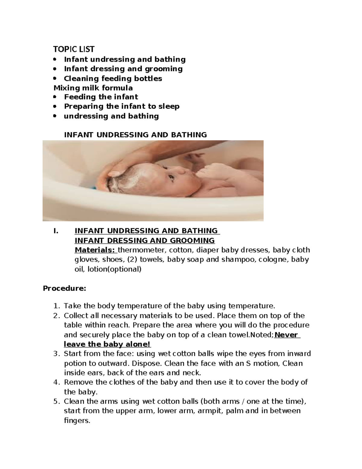 Caregiver 2ND Lecture on Bathing, Dressing, and Feeding Infants - Studocu