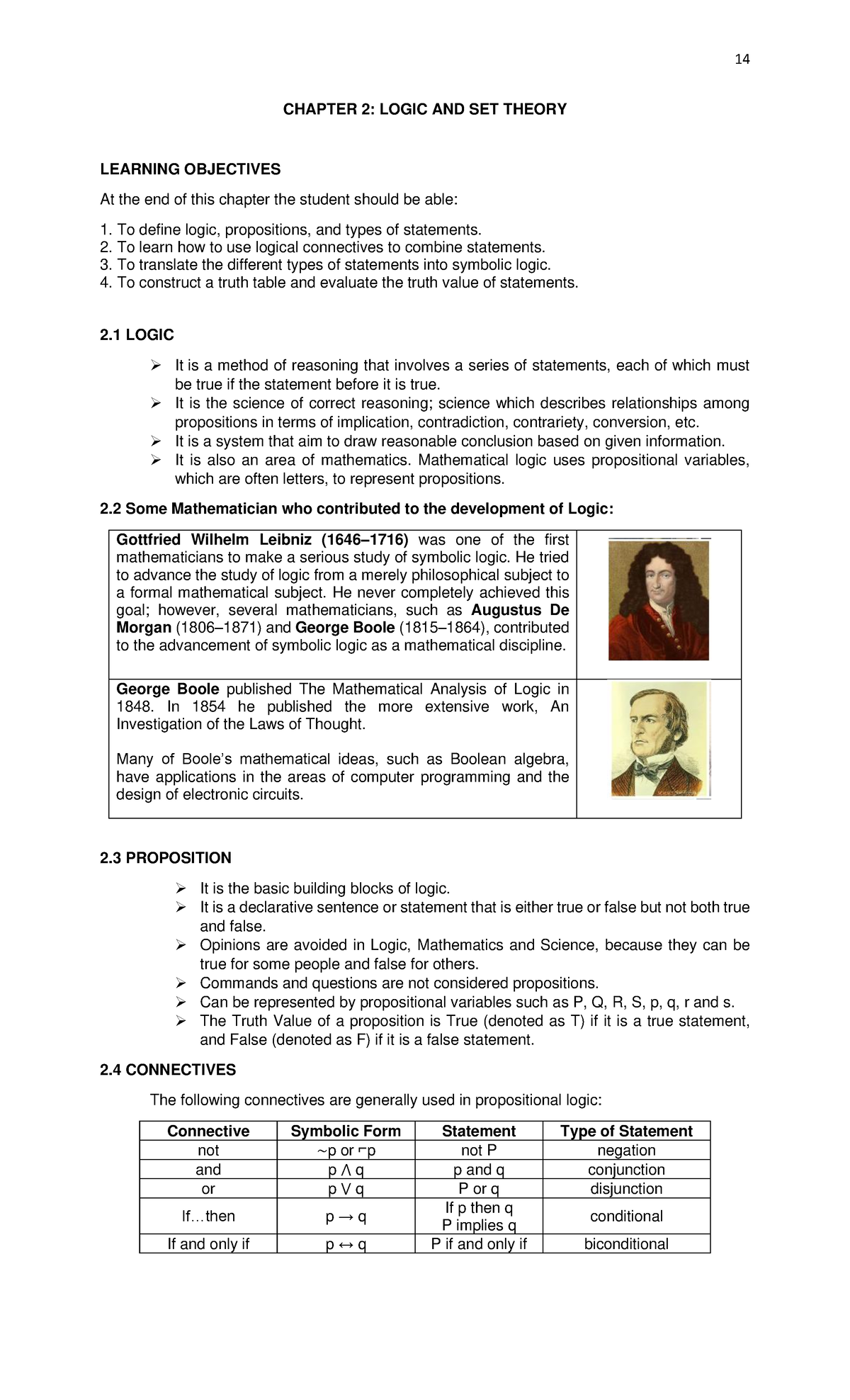 Chapter 2 Logic - CHAPTER 2: LOGIC AND SET THEORY LEARNING OBJECTIVES At the end of this chapter ...