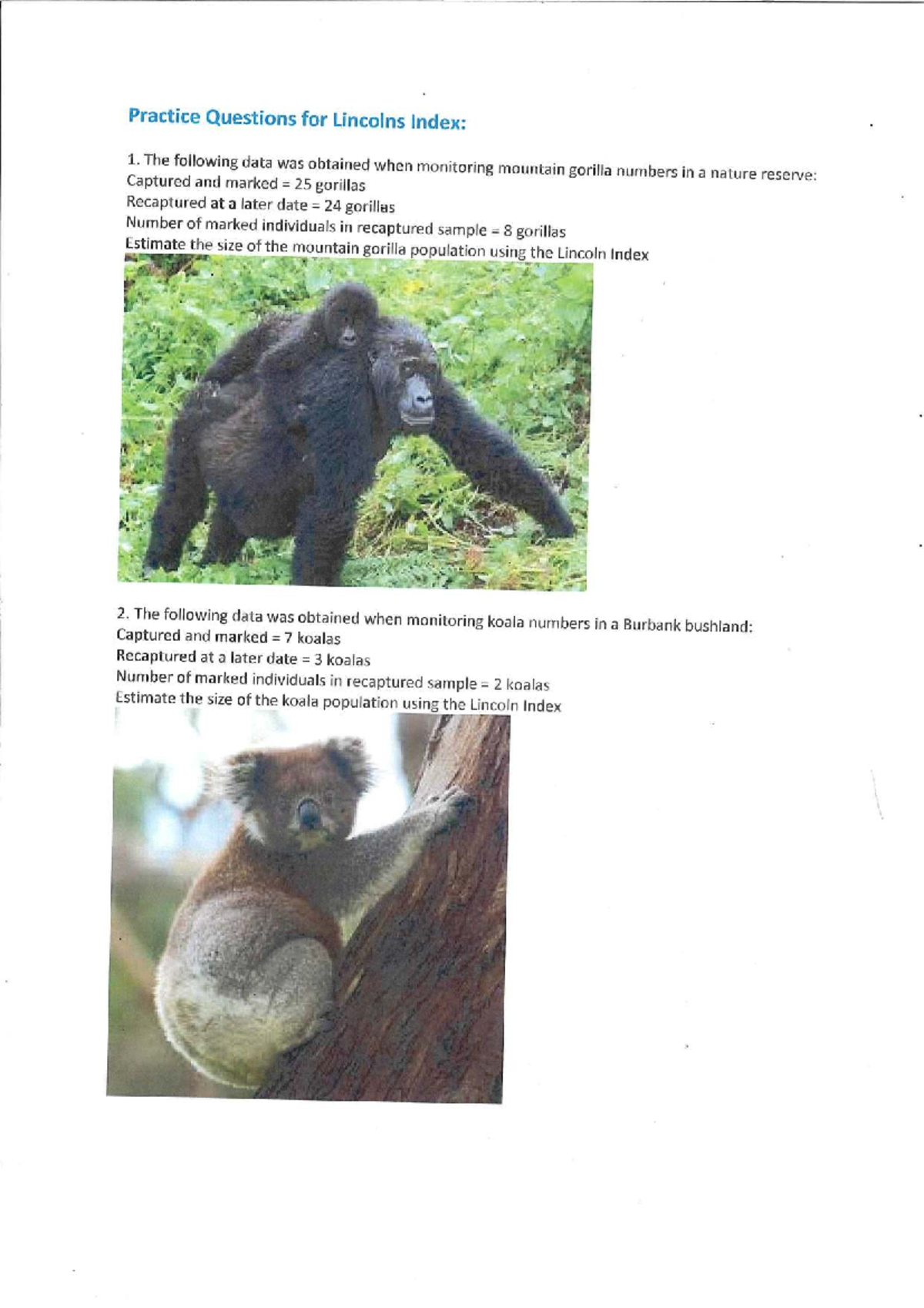 Practice Questions for Lincoln's Index: Species Diversity QCAA IA1 ...