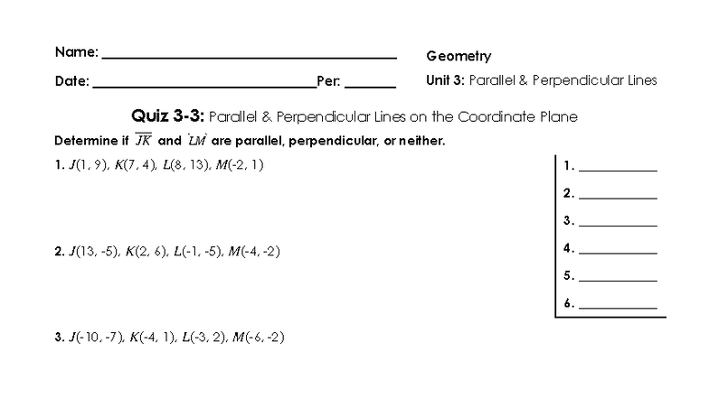 Unit 3: Parallel & Perpendicular Lines Quiz - Studocu