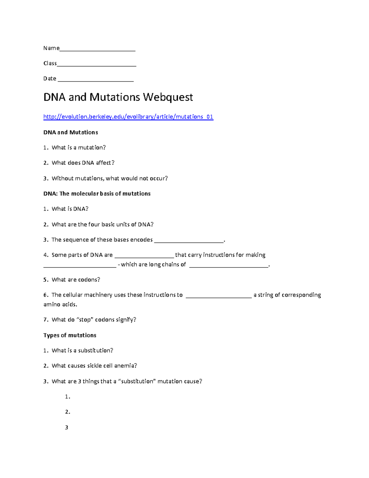 Genetics (BIO101) DNA & Mutation Webquest Guide and Questions - Studocu