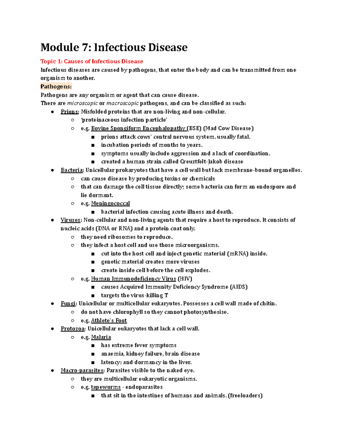 Biology HSC Year 12 Module 7: Full Notes on Infectious Disease - Studocu