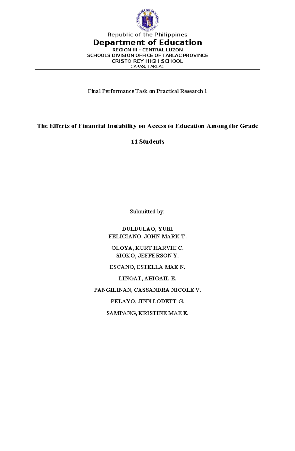 The effects of Financial Instability on Access to Education among grade ...