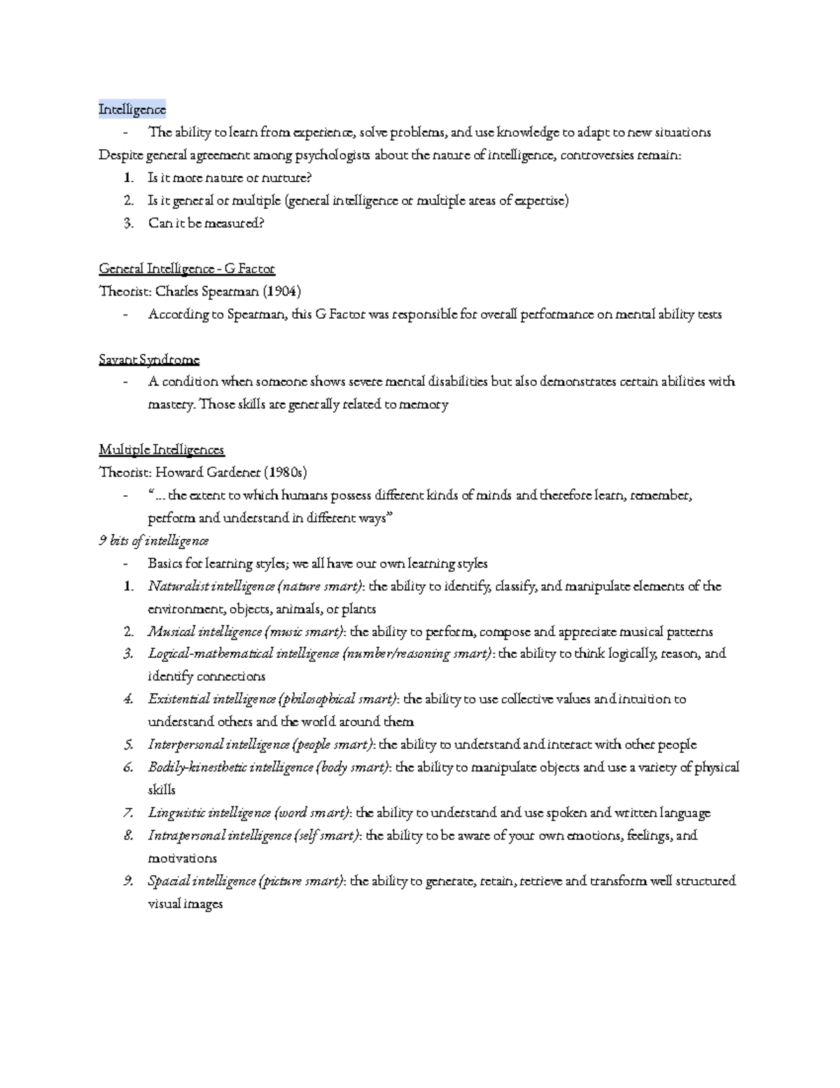 Intelligence Notes - Intelligence - The ability to learn from ...